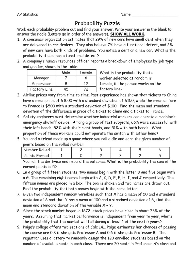 Probability Puzzle: AP Statistics Name | PDF | Standard Deviation ...
