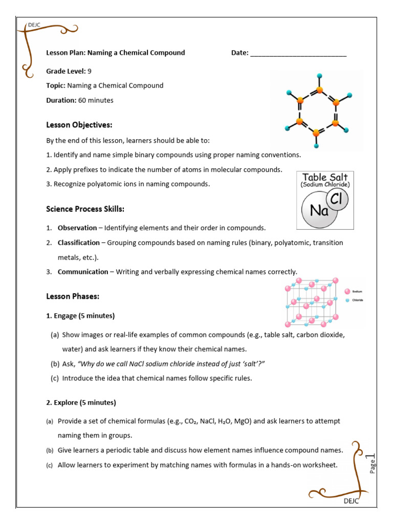 Grade 9 Naming Chemical Compounds Lesson Plan | PDF | Chemical ...