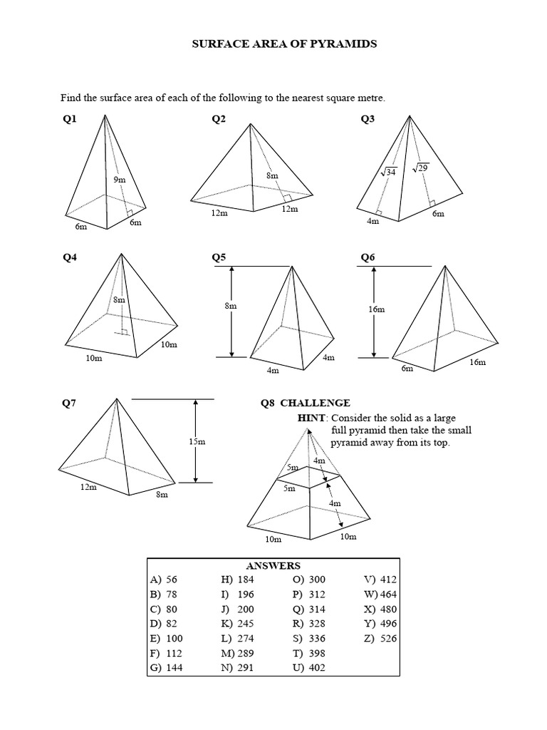 Surface Area - Pyramids Worksheet | PDF