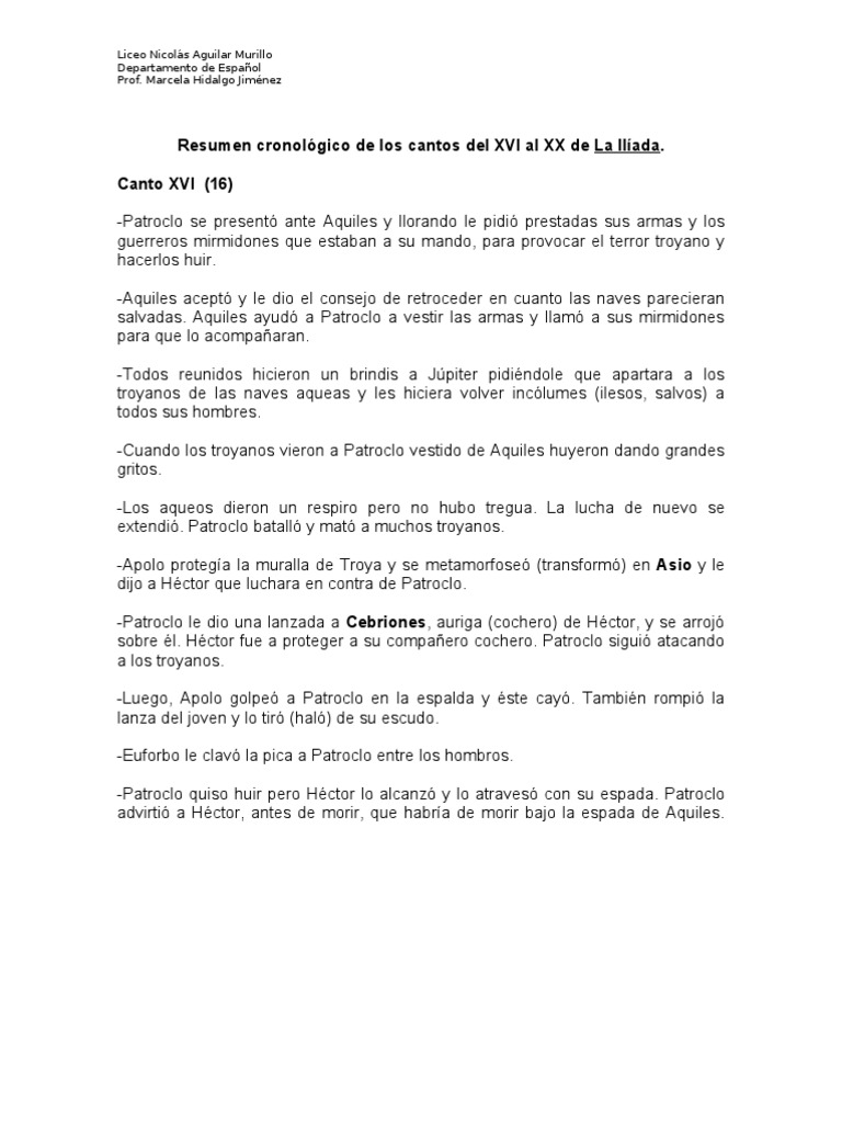Resumen Cronológico de Los Cantos Del XVI Al XX de La Ilíada | Descargar gratis PDF | Héctor ...