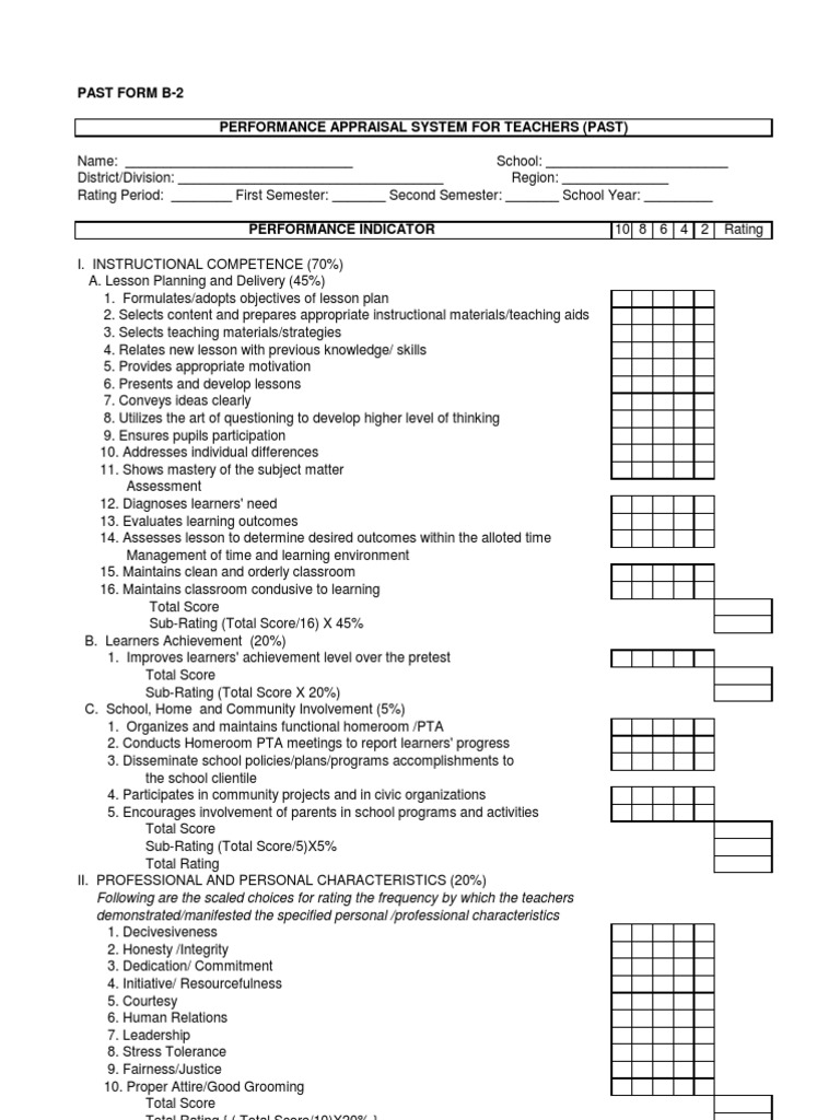 Past Form B-2 Performance Appraisal System For Teachers (Past) | PDF