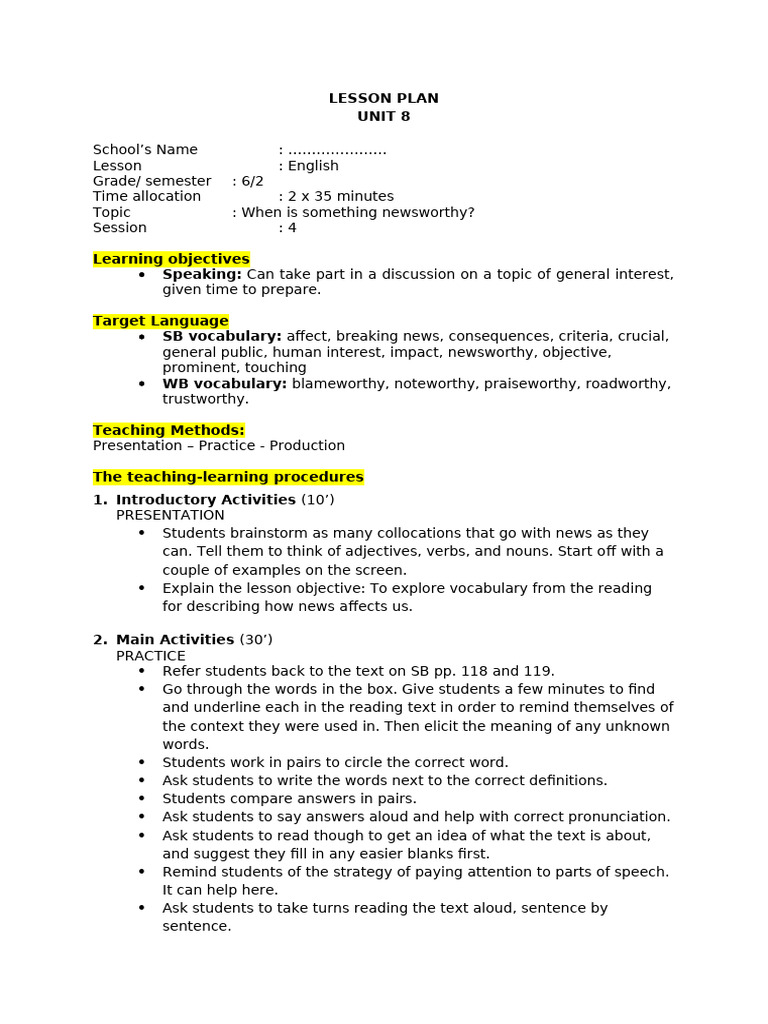 Lesson Plan 2 | PDF | Vocabulary | Linguistics