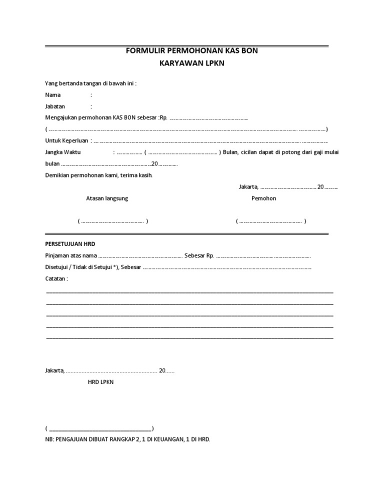 Formulir Permohonan Kas Bon | PDF | Pengelolaan Keuangan & Uang | Hukum