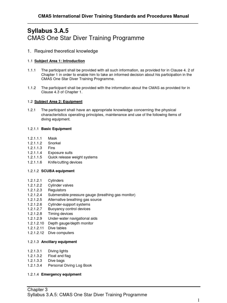 CMAS One Star Diver Training Programme | PDF | Scuba Diving | Snorkeling