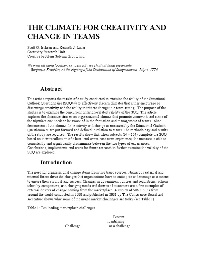 The Climate For Creativity and Change in Teams | PDF | Leadership ...