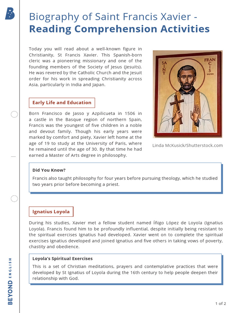 Biography of Saint Francis Xavier - Reading Comprehension Activities ...