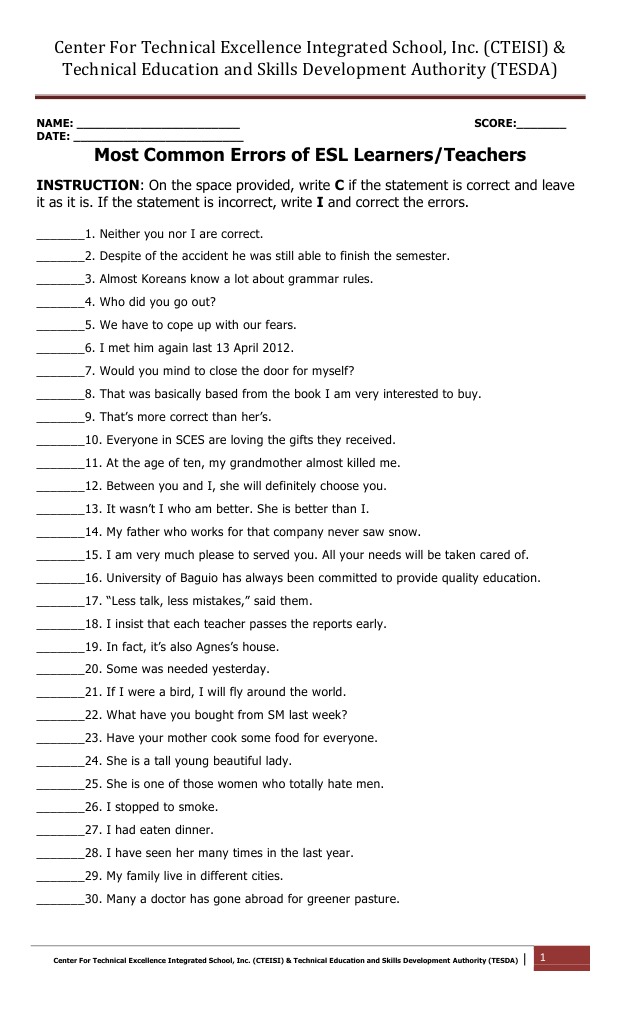 Common ESL Errors and Corrections | PDF