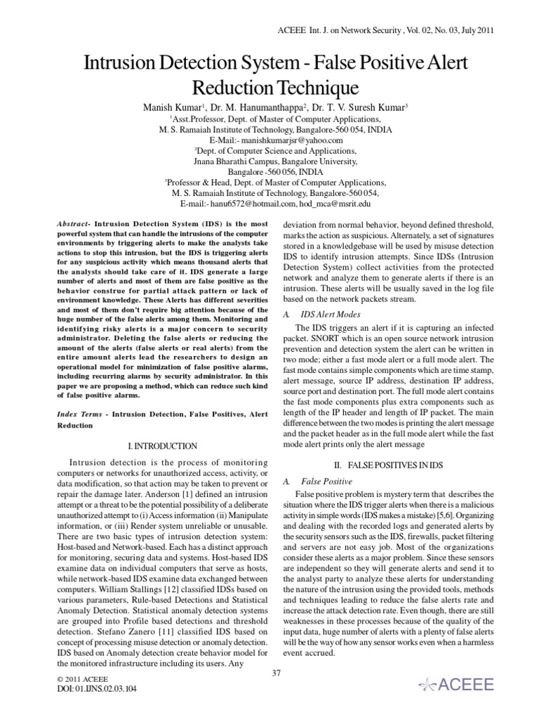 Intrusion Detection System - False Positive Alert Reduction Technique ...