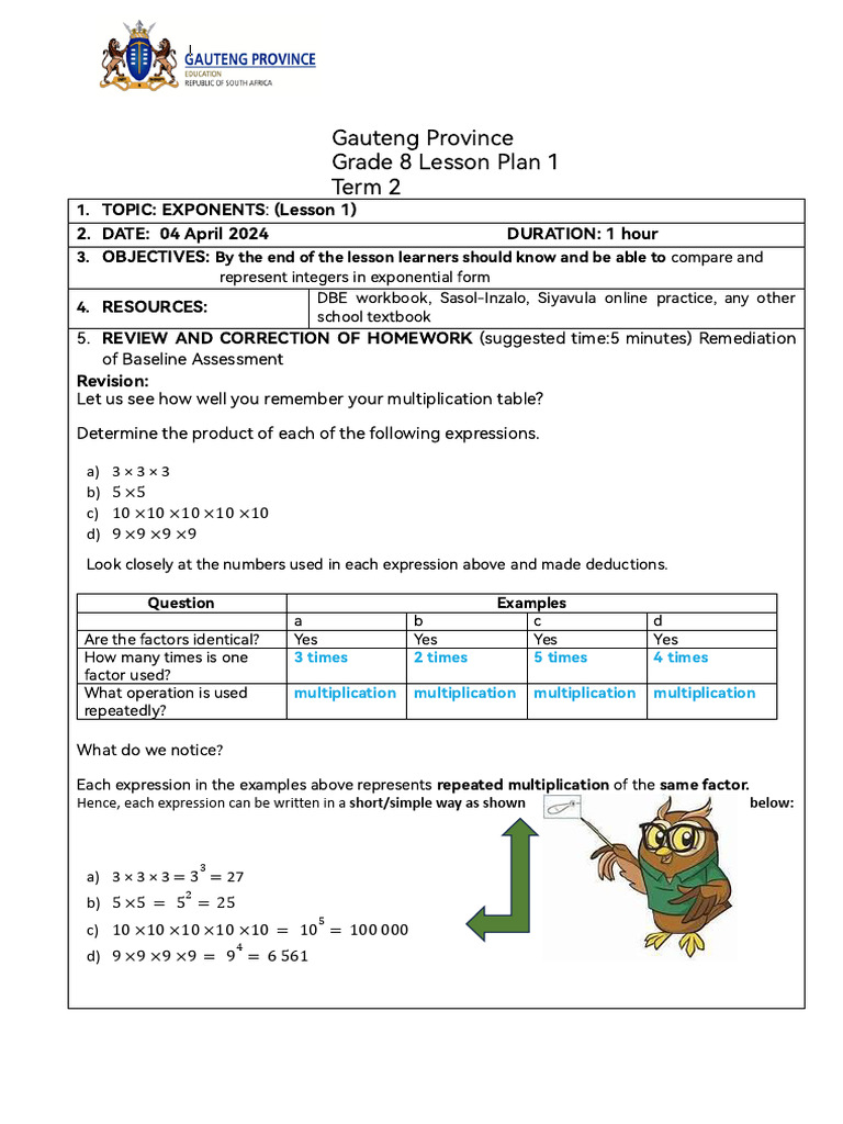 Grade 8 Exponents Lesson Plans Term 2.Docx - Google Docs | PDF ...