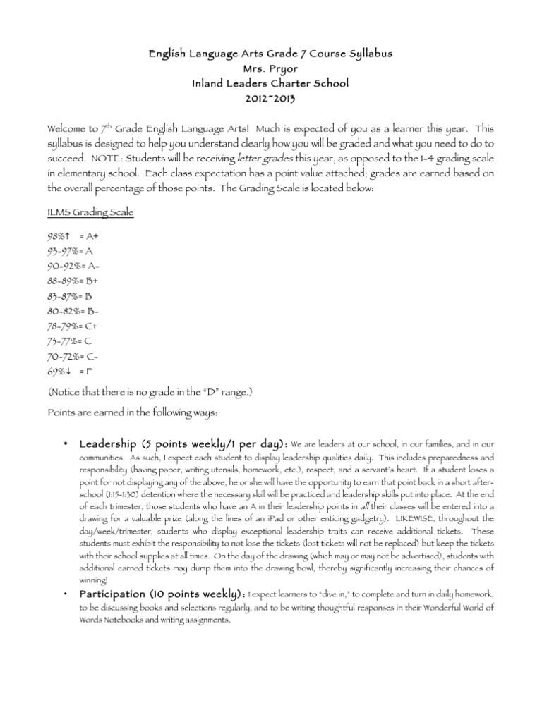 7th Grade ELA Syllabus Overview | PDF | Homework | Leadership