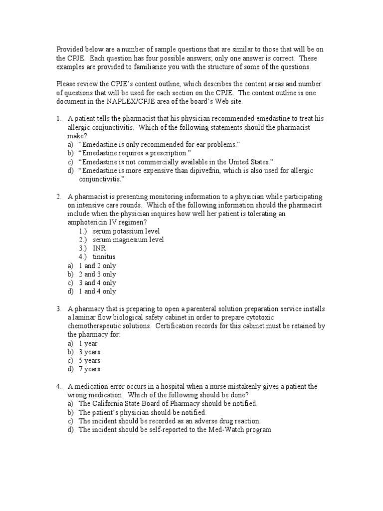 Sample CPJE Practice Questions and Answers | PDF | Pharmacy | Medical ...