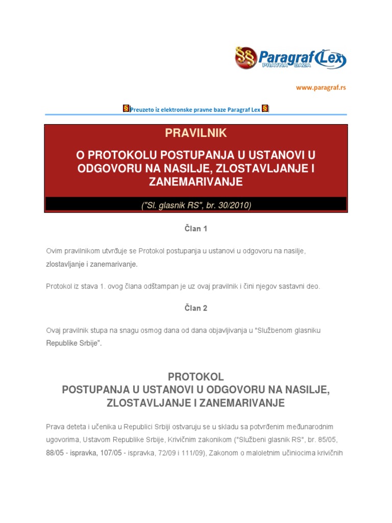 Pravilnik o Protokolu Postupanja U Ustanovi | PDF