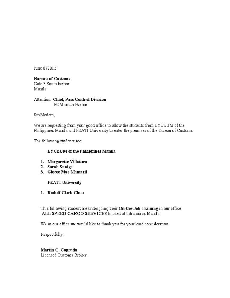 Request Letter For Ojt | PDF