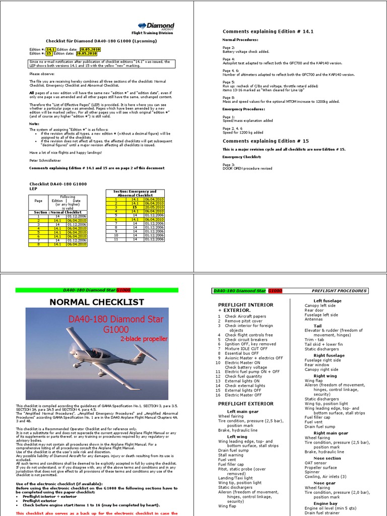 DA40 180 G1000 Checklist Edition 15 A5 | PDF | Aircraft Flight Control ...