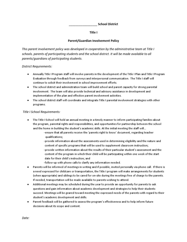 Title 1 Parent Involvement Policy Template | Elementary And Secondary ...