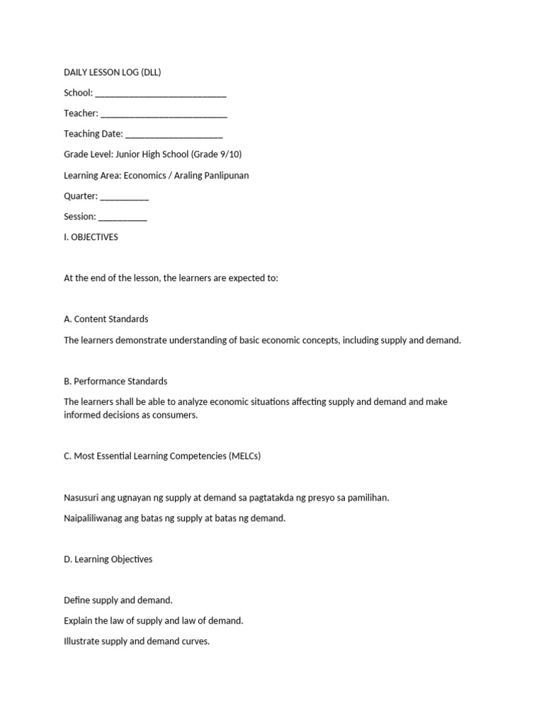 Semi Detailed Lesson Plan Demand | PDF | Demand | Supply And Demand