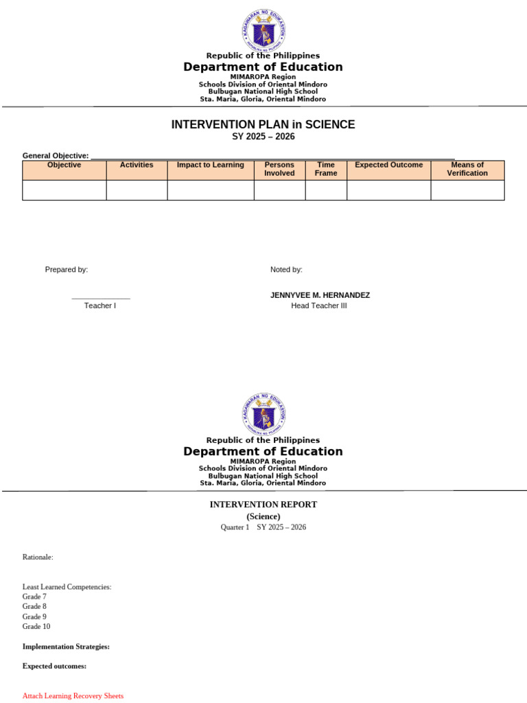 Intervention Plan Report 2025 2026 Template | PDF
