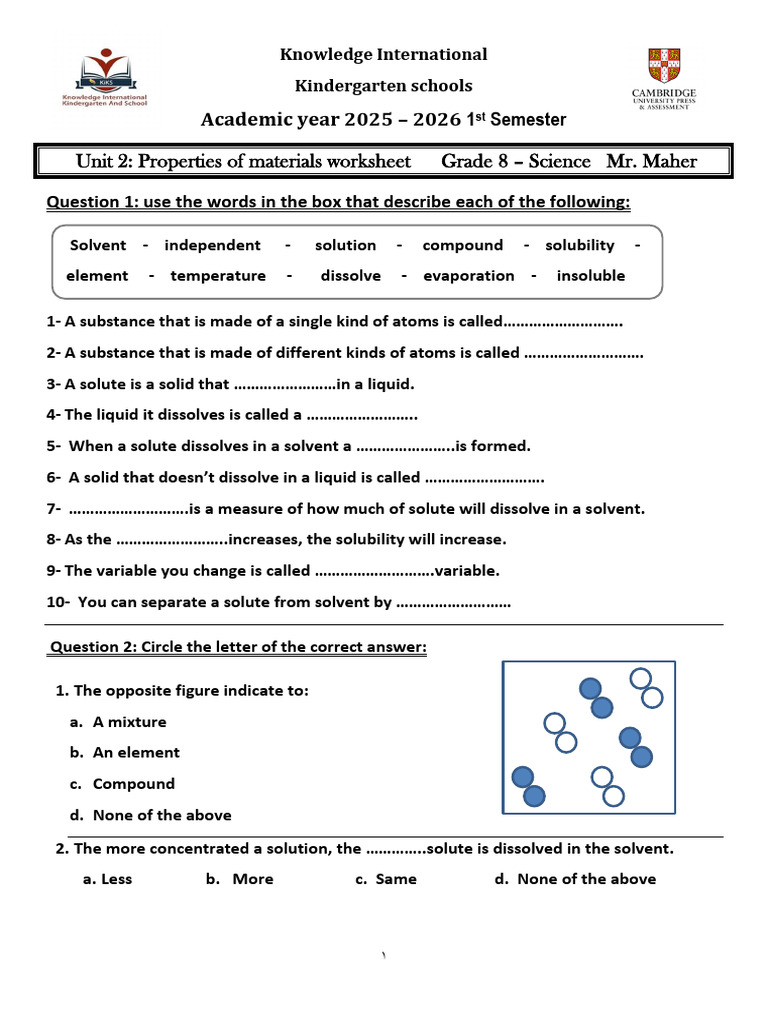 Science 8 Unit 2 Worksheet Kiks_260104_055345 | PDF | Solubility | Solvent