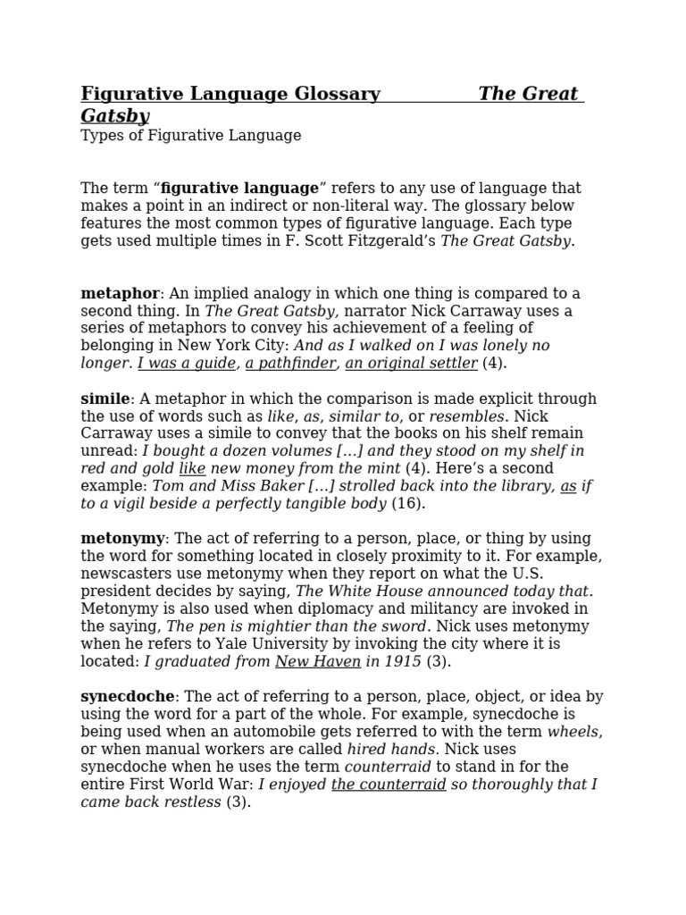 Figurative Language Glossary The Great Gatsby | PDF | The Great Gatsby ...