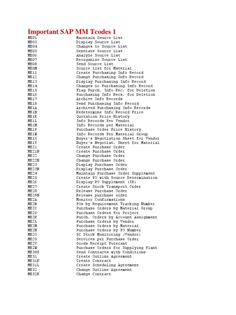 Important SAP MM Tcodes 1 | PDF | Business