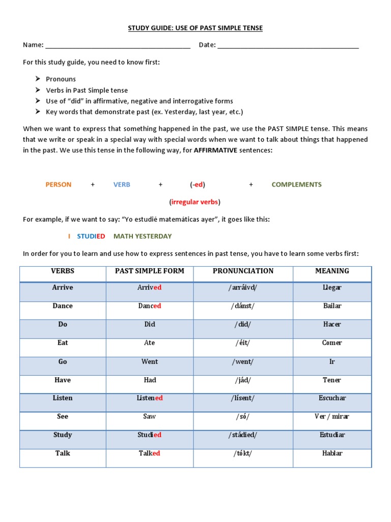 Study Guide Past Simple | PDF | Grammatical Tense | Verb