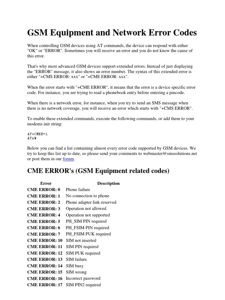 GSM Equipment and Network Error Codes | PDF | Subscriber Identity ...