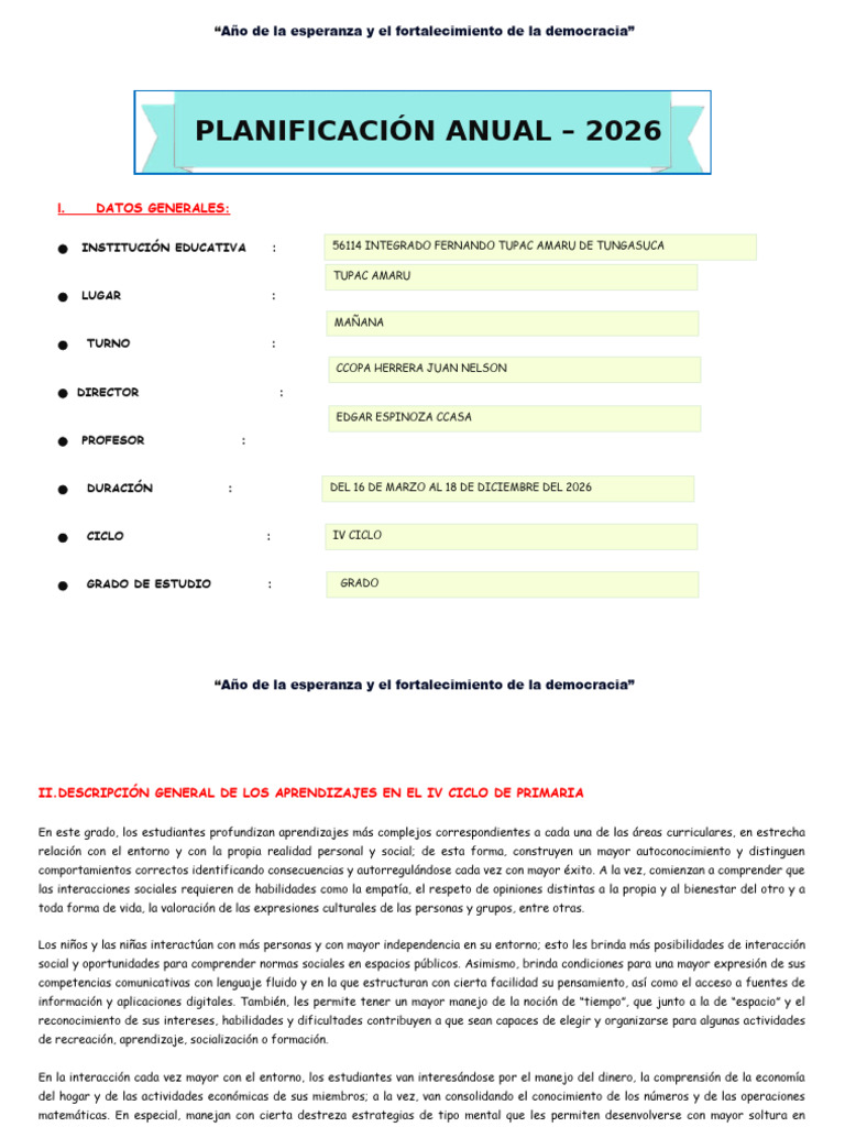 PLAN ANUAL DE TRABAJ DE 4° GRADO 2026 | PDF | Geometría | Datos