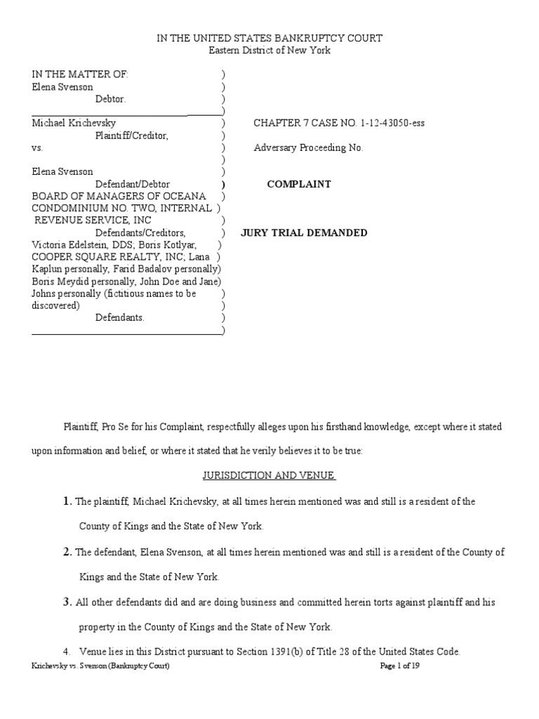 Krichevsky v. Svenson: Bankruptcy Complaint | PDF | Refinancing | Lease