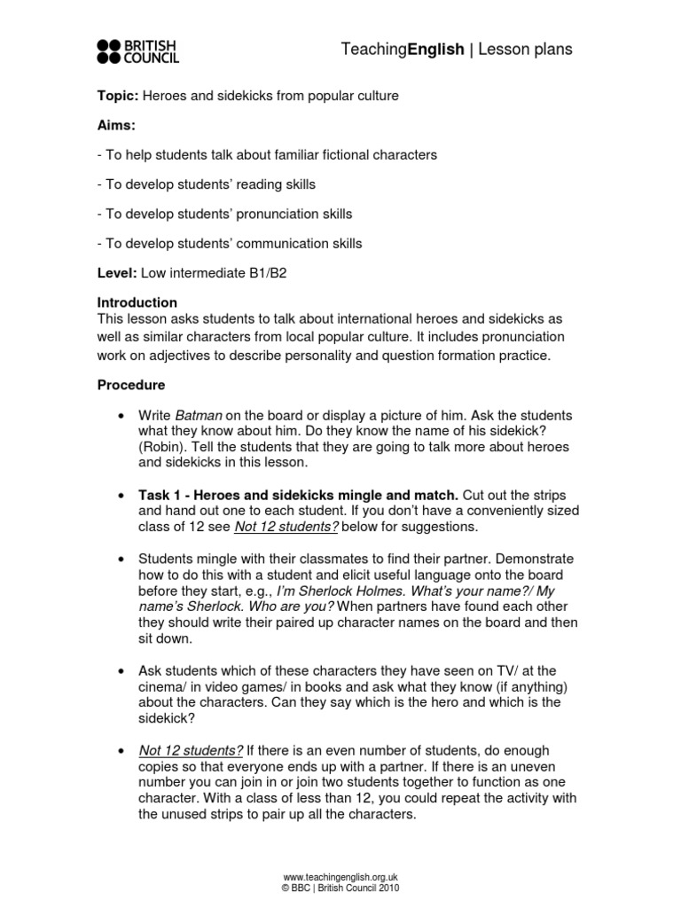 Heroes and Sidekicks Lesson Plan | PDF | Dr. Watson | Sherlock Holmes
