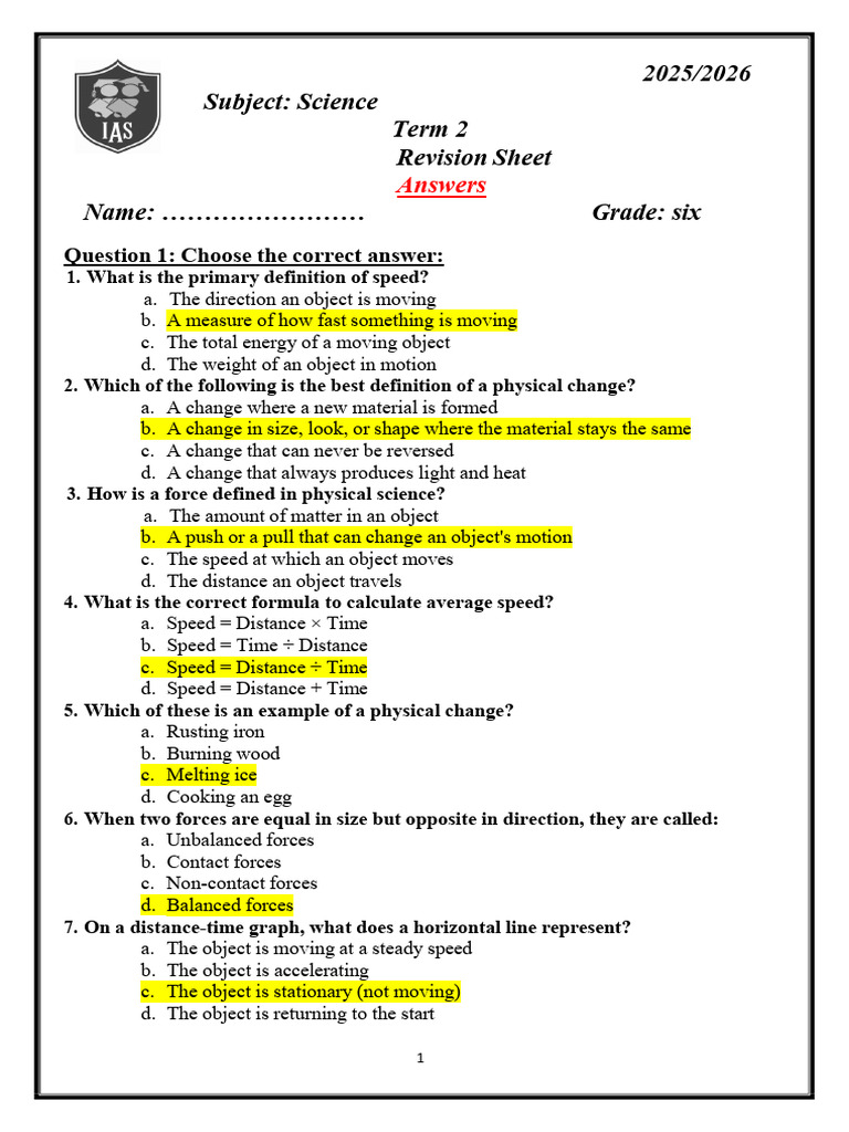 Grade 6 Revision Sheet T 2 Answers | PDF | Force | Water