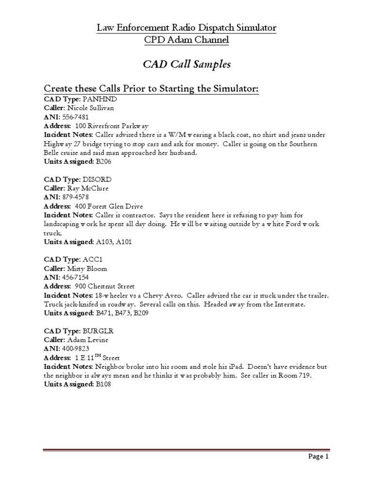 Calls To Dispatch Sample | PDF | Transport | Motor Vehicle