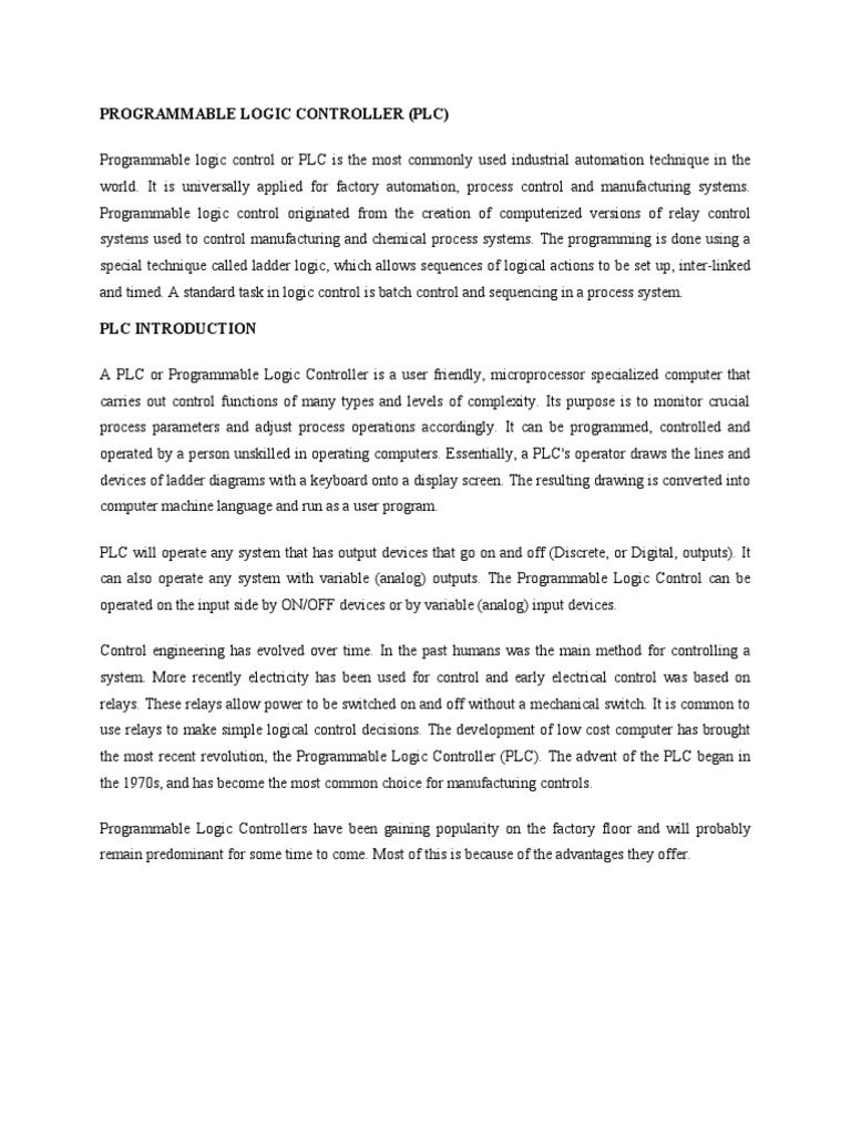 Programmable Logic Controller (PLC) Introduction | PDF | Programmable ...