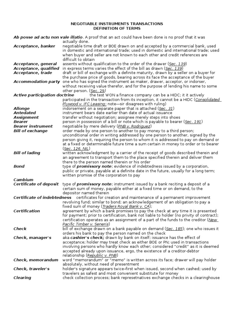 Nego Definitions - Odt | PDF | Negotiable Instrument | Cheque