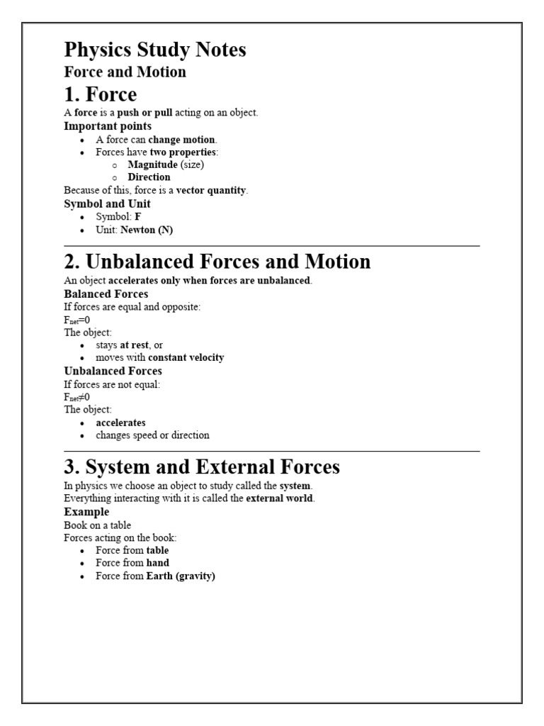 Physics Study Notes Grade 9 | PDF | Force | Weight