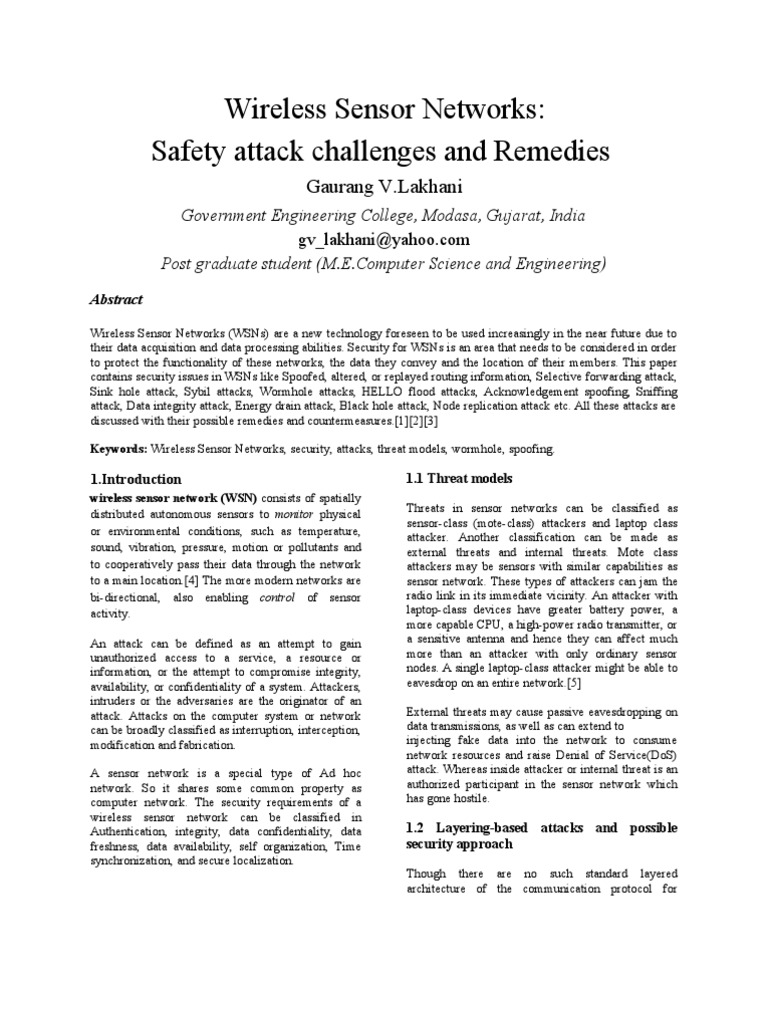 Security Challenges in Wireless Sensor Networks | PDF | Technology ...