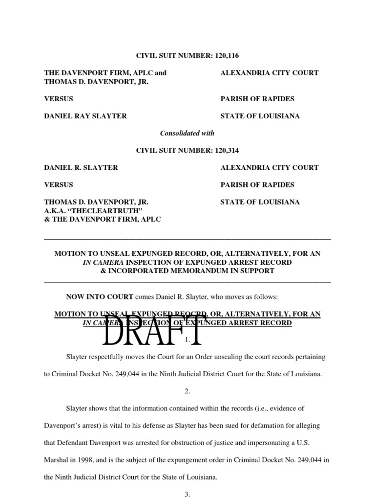 Motion for in Camera Inspection of Expunged Arrest Record & Memorandum ...