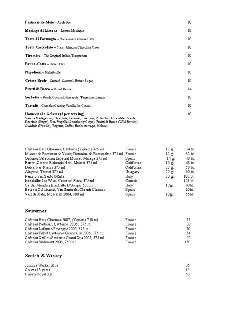Dessert Menu | PDF | Alcoholic Drinks | Fermented Drinks