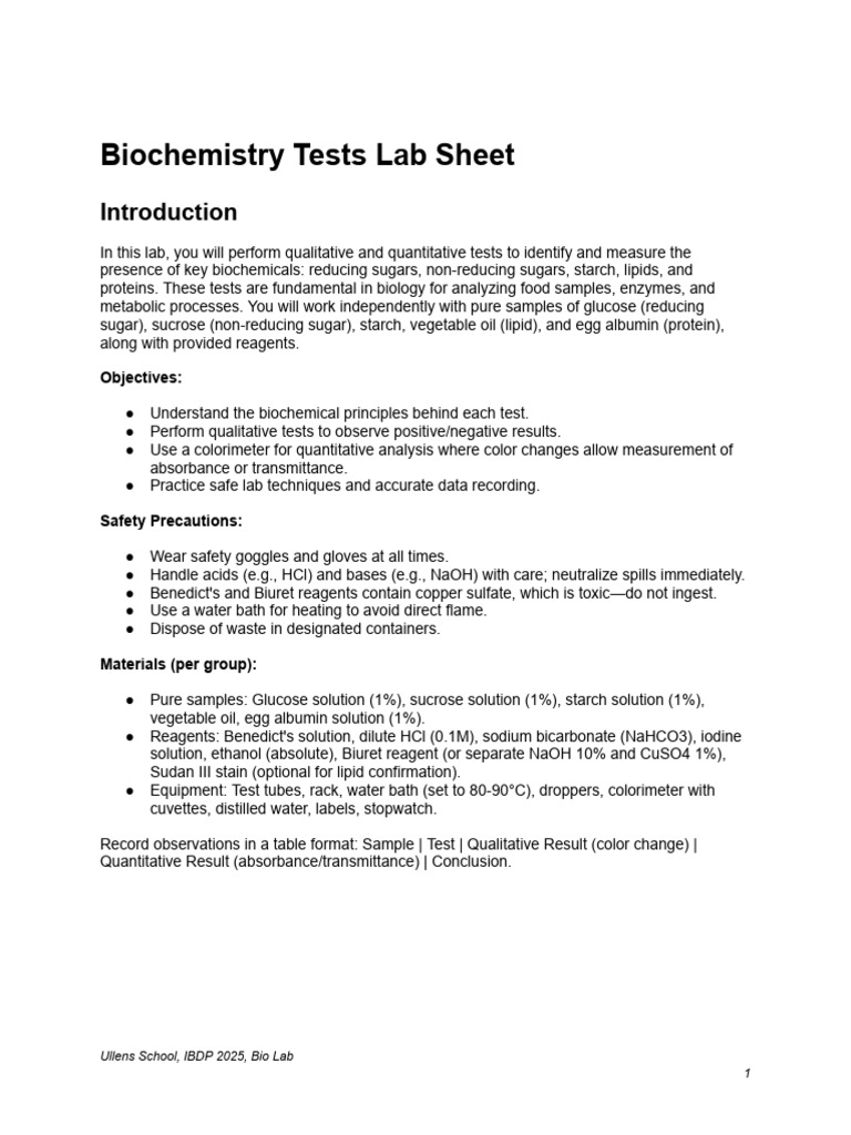 Biochemistry Test_ Lab 2025 | PDF | Biochemistry | Chemistry