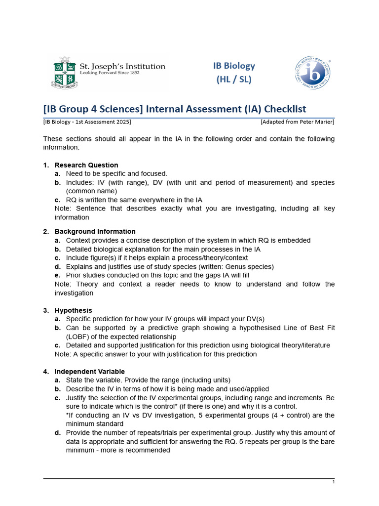 [IB Sci] 2026 Handout_ Internal Assessment (IA) Checklist | PDF ...