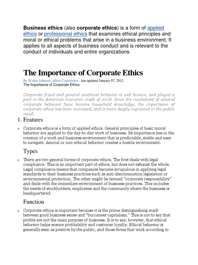 The Importance of Corporate Ethics | PDF | Business Ethics ...