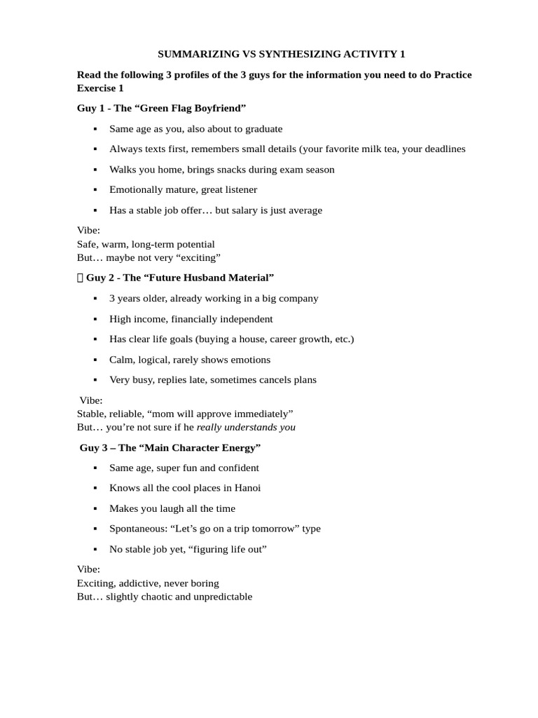 Summarizing vs Synthesizing Activity 1 | PDF