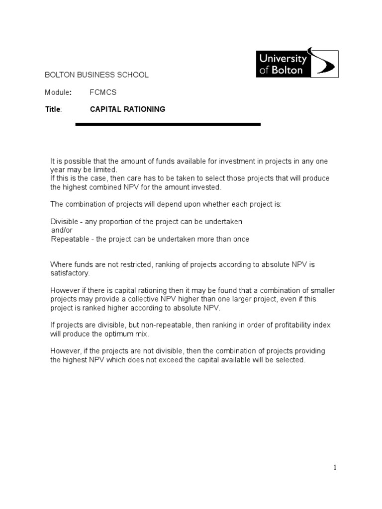 Title: Capital Rationing | PDF | Net Present Value | Internal Rate Of Return
