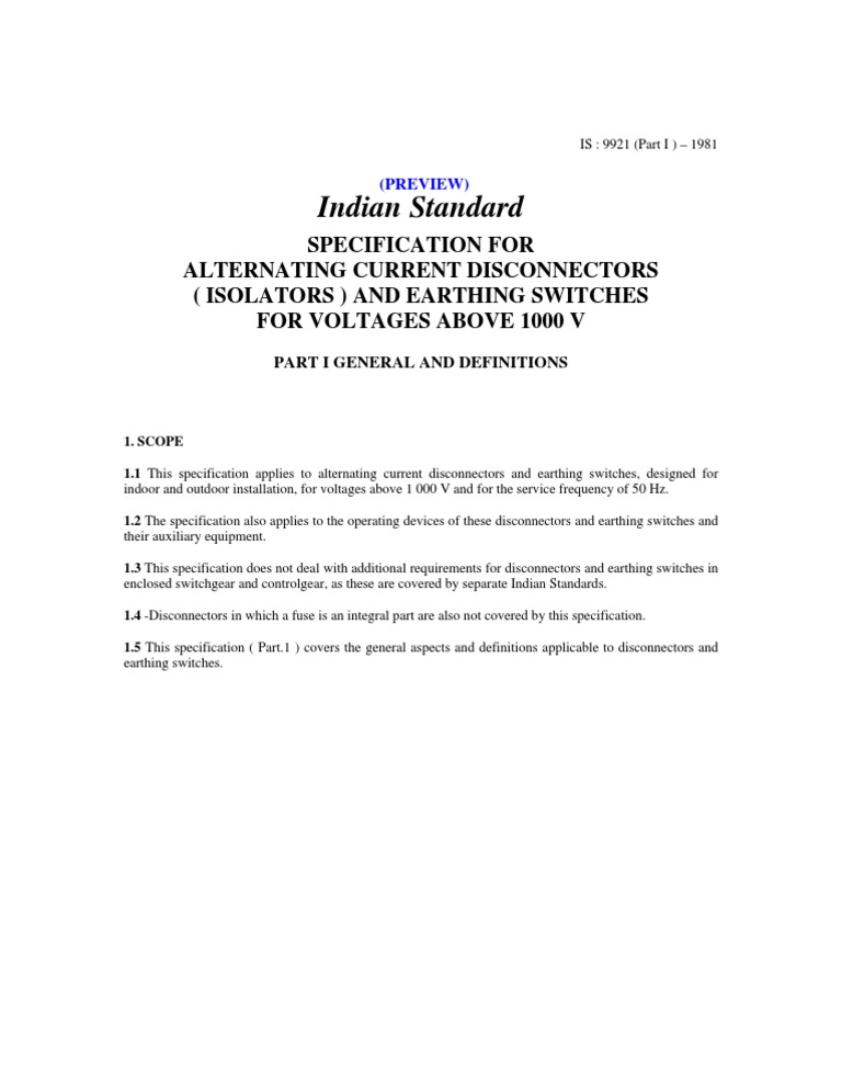 IS 9921: AC Disconnectors & Earthing Switches | PDF