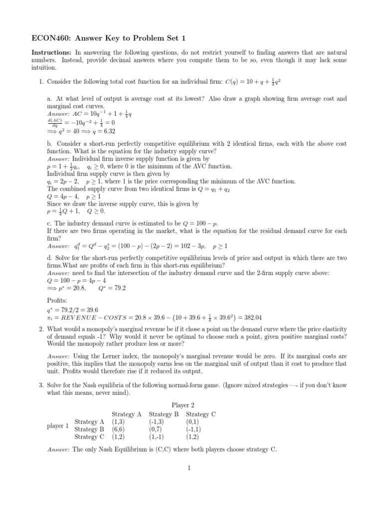Problem Set 1 Key | PDF | Demand | Supply (Economics)