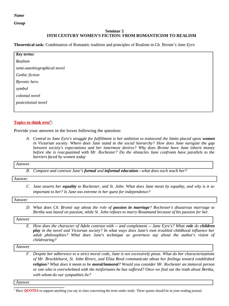 Seminar Worksheet_Jane Eyre | PDF | Jane Eyre