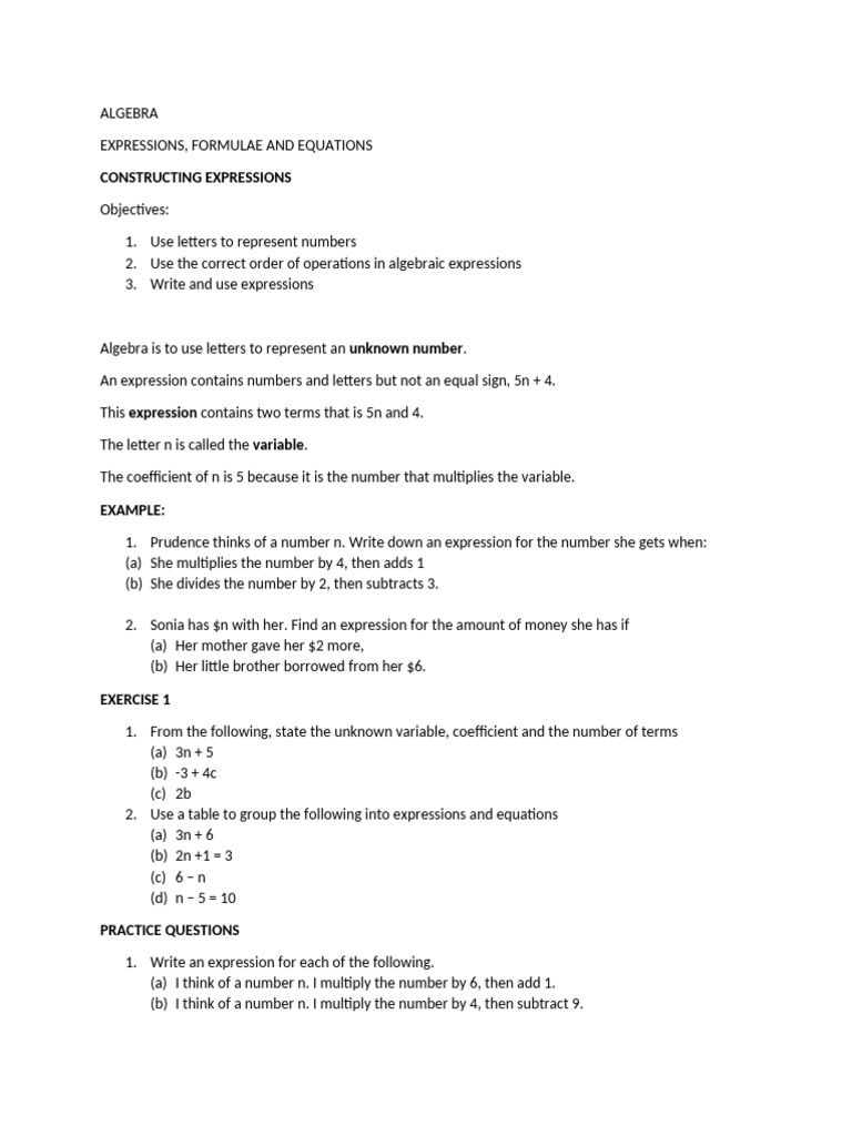 FORM 1 LESSON PLAN, ALGEBRA | PDF | Equations | Numbers