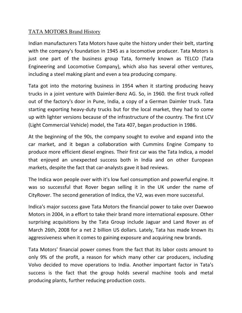 Tata Motors Brand History | PDF | Automotive Technologies | Wheeled ...