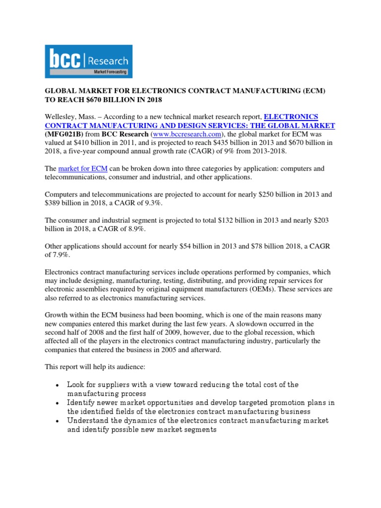 Global Market For Electronics Contract Manufacturing To Grow To $670 ...