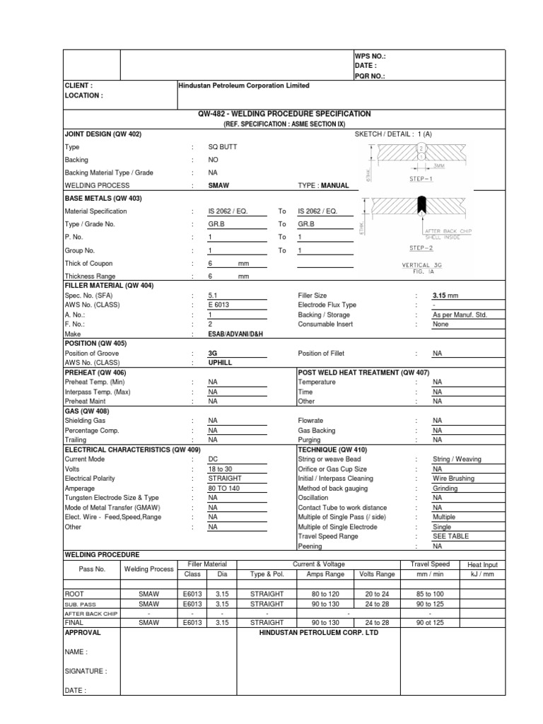 Qw-482 - Welding Procedure Specification: (Ref. Specification: Asme ...