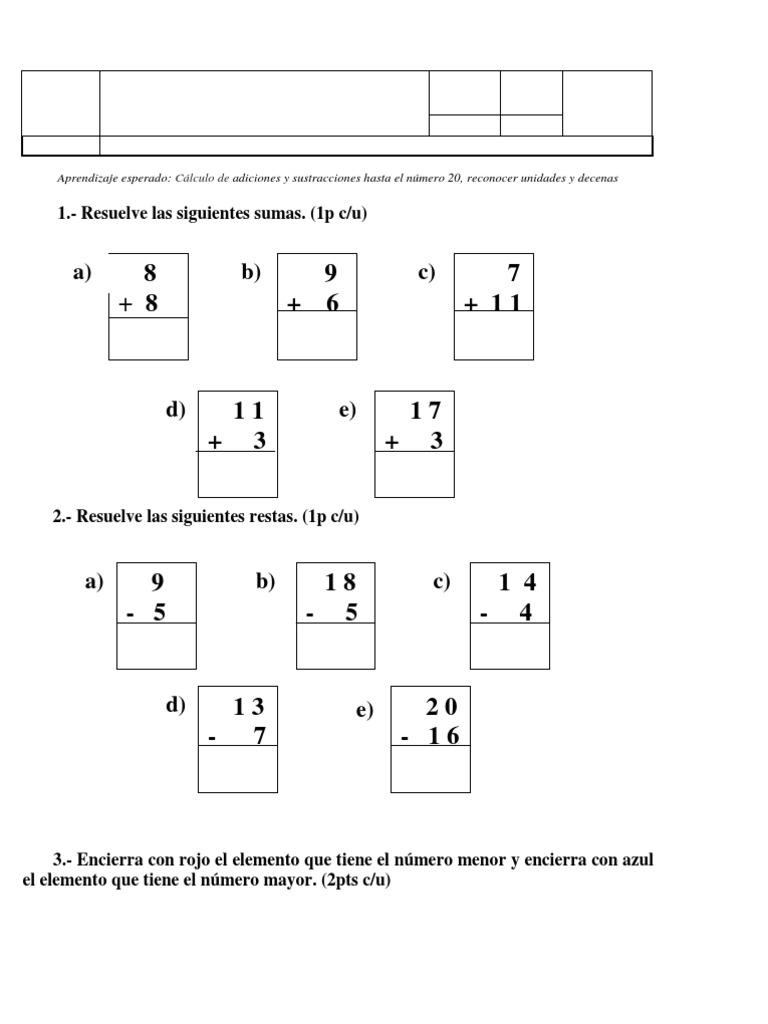 PRUEBA MATEMATICAS PRIMER AÑO BASICO SUMAS HASTA EL 20